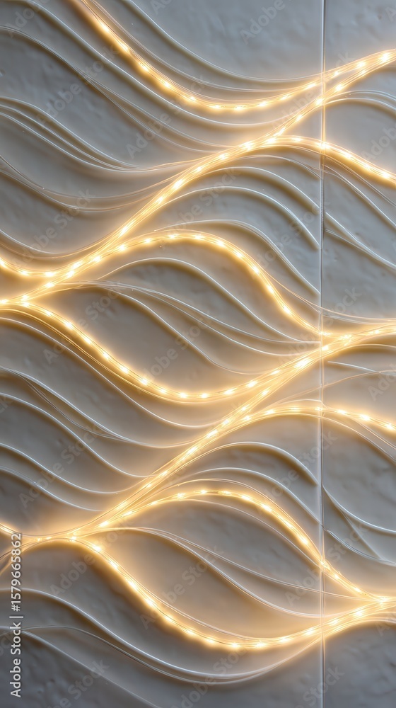 ภาพถ่าย Stock Wavy LED lights on a white ceramic surface, with ...