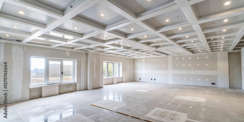 Gypsum board ceiling with plaster mortar wall painted white foundation ...