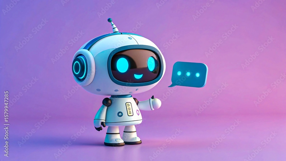 Cute smiling chatbot robot with speech bubble on pink and purple ...