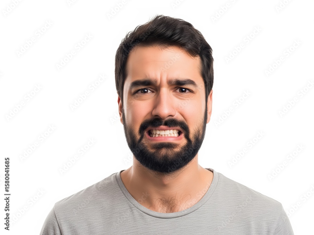 Man dressed in t-shirt shows teeth in regretful angry pose with tense ...