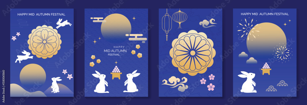 Happy mid autumn festival poster vector set. Wallpaper template with ...