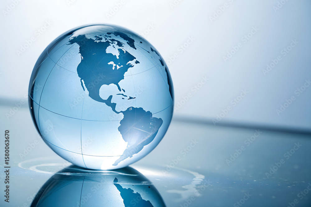 Glass globe reflecting on a wet surface with North and South American ...