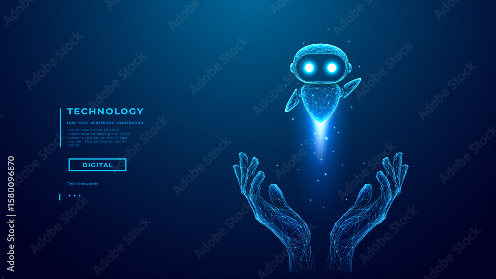 AI Agent Concept. Cute Technology AI Mascot in Abstract Human Palms ...