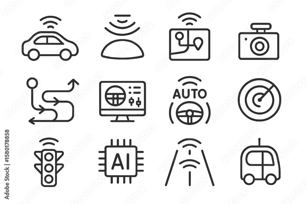 Autonomous driving technology icons with ai and navigation elements ...