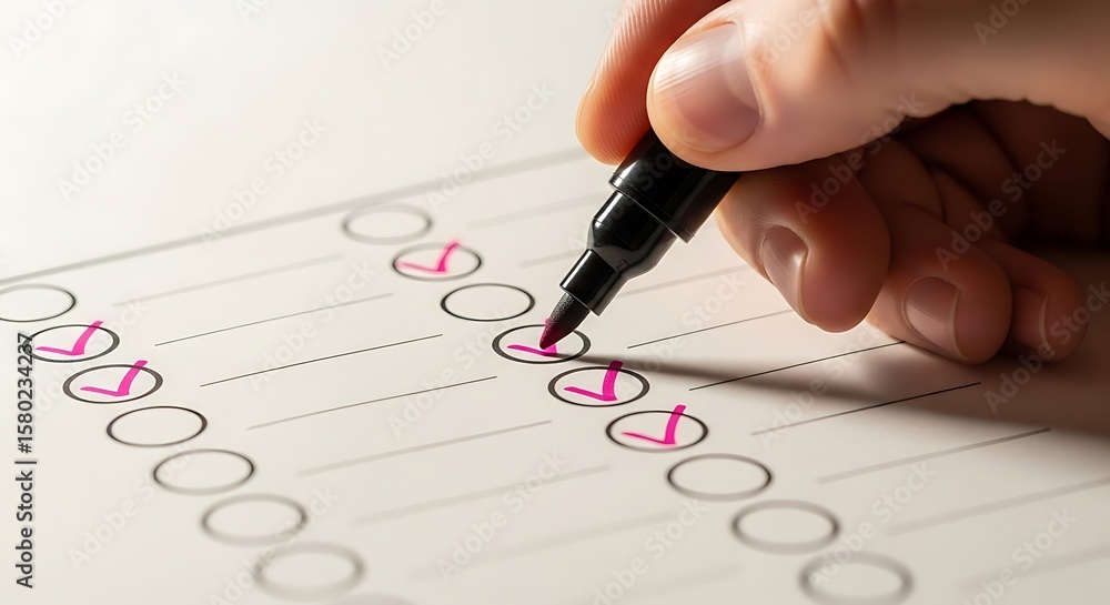 Hand marking checklist boxes with pink marker, indicating tasks ...