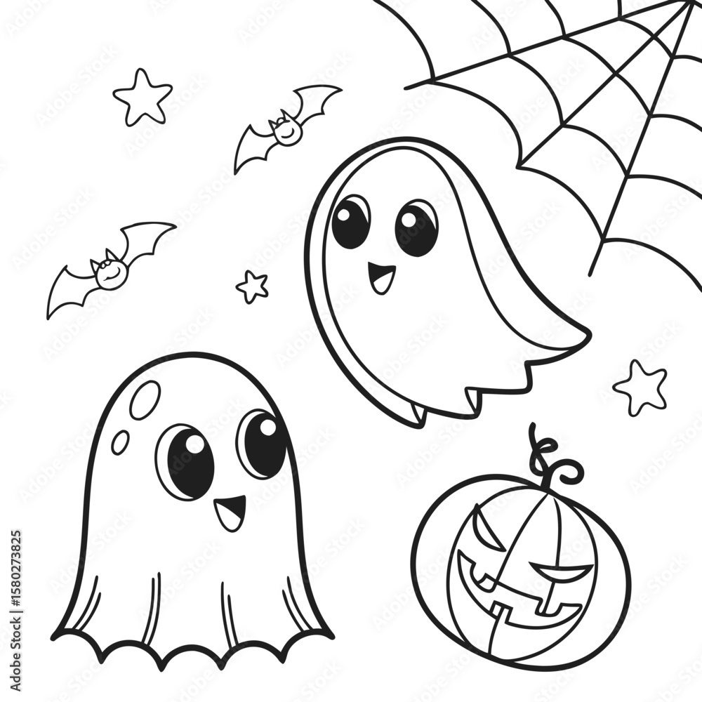 Cute Halloween coloring page featuring cartoon ghosts, bats, jack-o ...