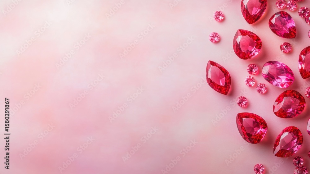 Colorful pink gems arranged artistically on a soft pink background ...