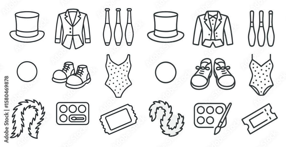 Collection of circus-related items including hats, shoes, and clothing ...
