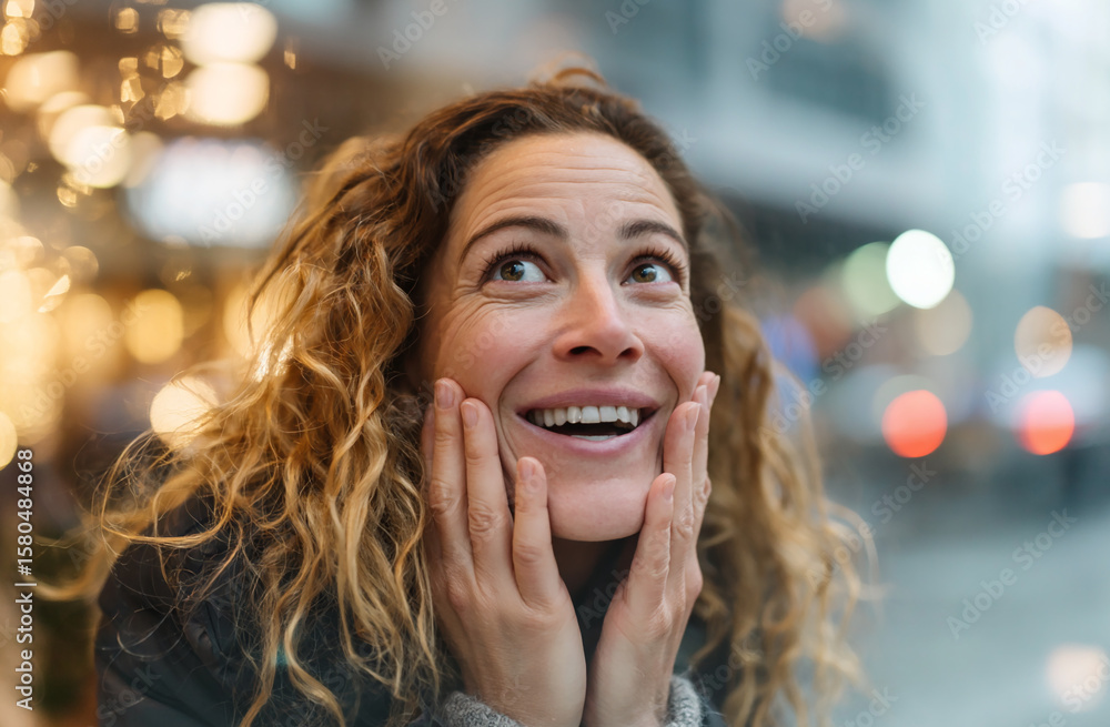Excited face of woman reacting to big win, flashing lights reflecting ...