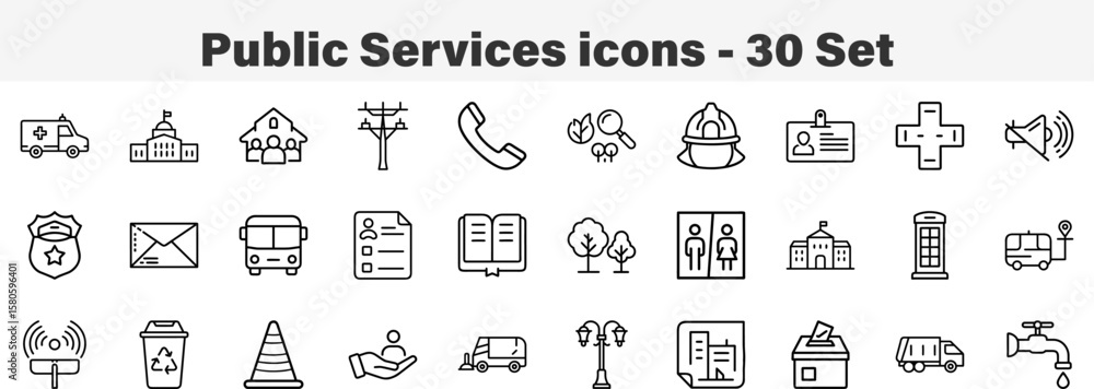 Public Services icons 30 Set. Line Art Icon Collection. Editable Stroke ...