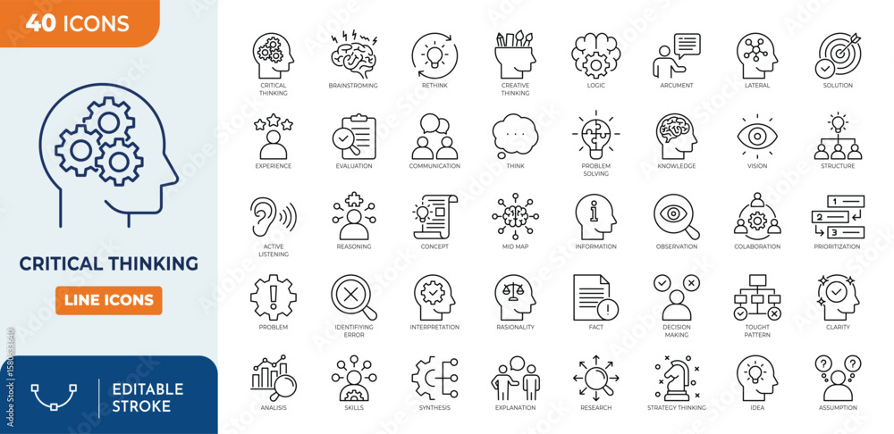 Critical thinking line editable icon set. Containing think, logic ...