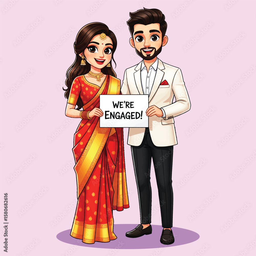 Indian Engagement Couple Cartoon – Bride in Saree and Groom in Suit ...