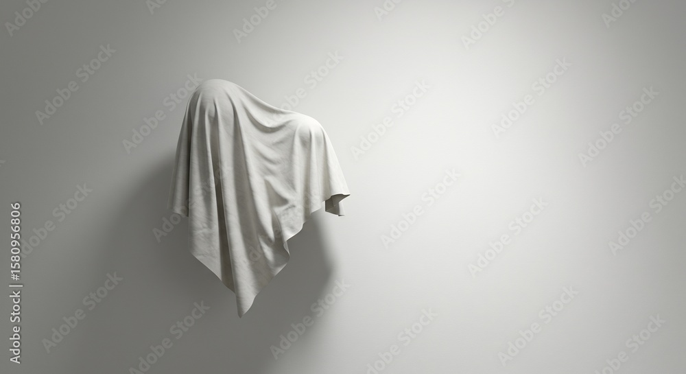 White sheet draped over an unseen form casting a shadow on a light grey ...