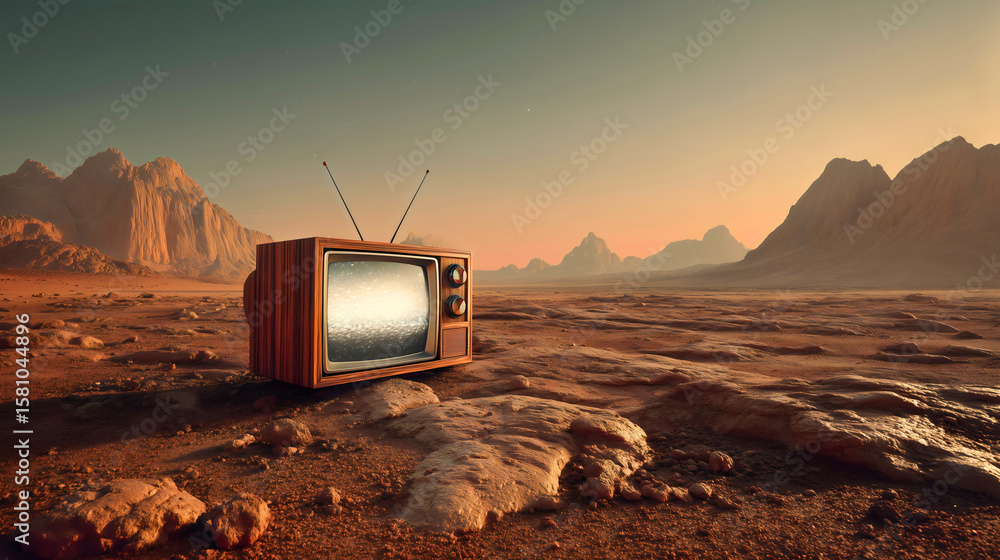 An old vintage television from the 1970s on Mars, displaying an image a ...