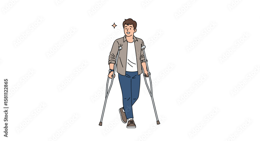 Frustrated man with a leg injury struggling to walk using crutches in a ...