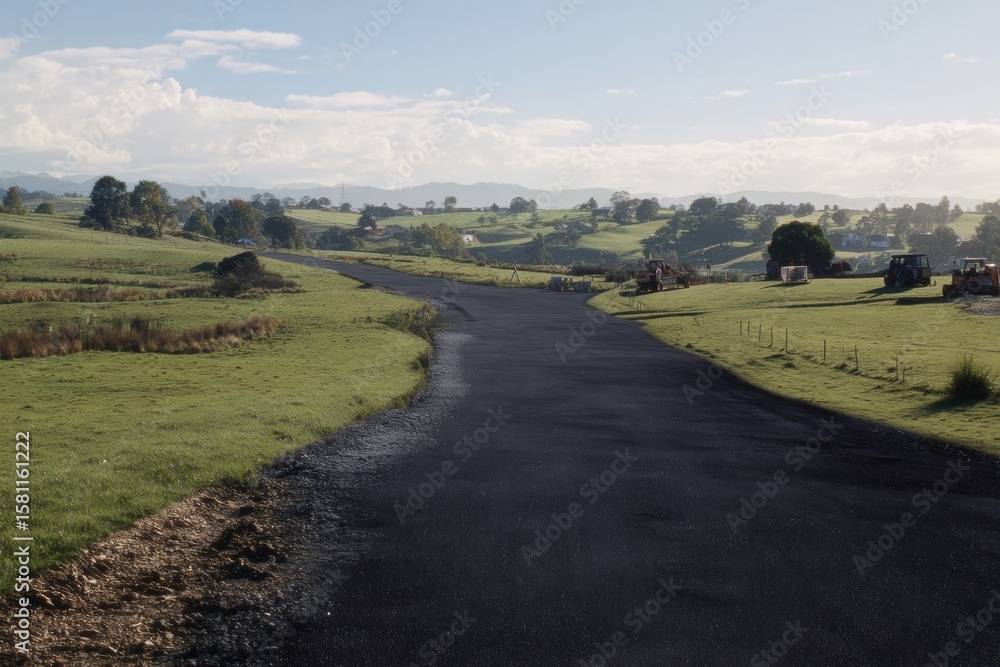 Lifecycle of asphalt in rural road construction visualized. High-tech ...