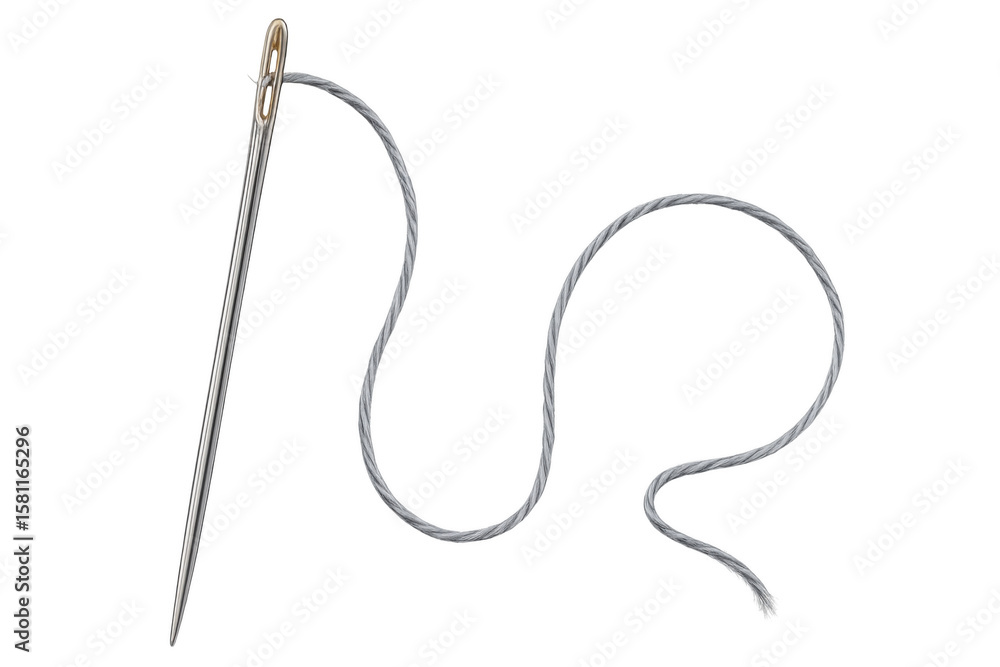 Sharp sewing needle threading white string, resting against clean ...