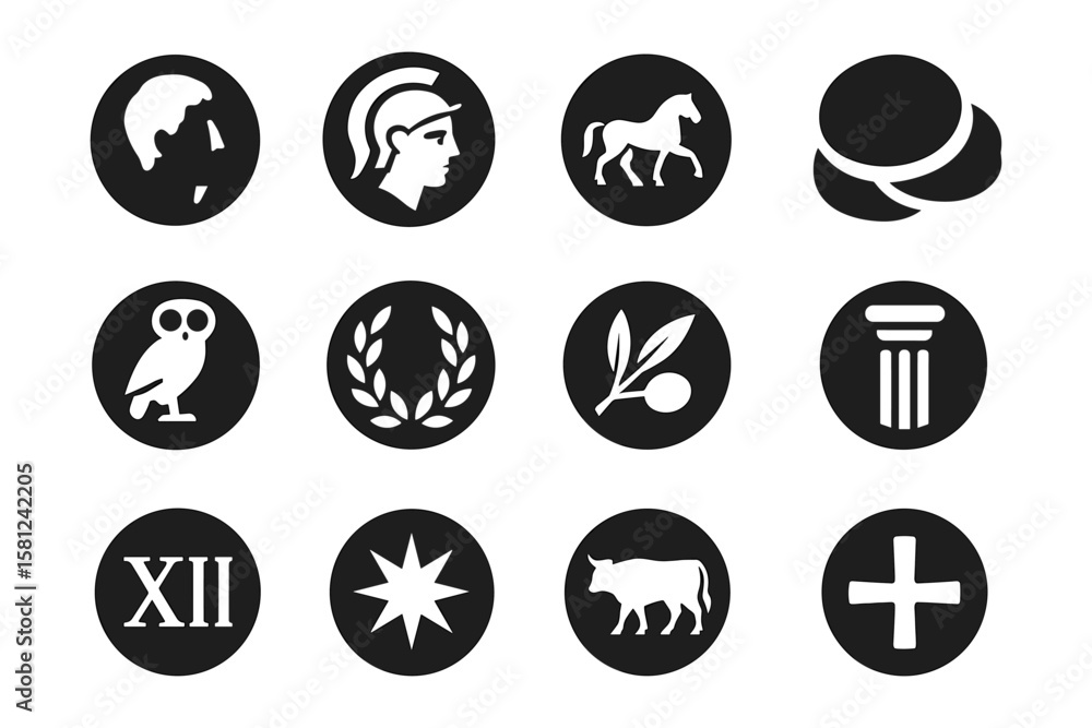 Ancient rome icon set: symbols of history and mythology in silhouette ...