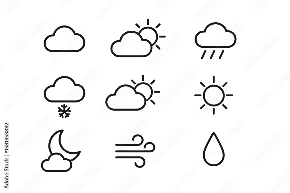 Weather icon set, simple line icons with clouds, rain, storm, snow, sun ...