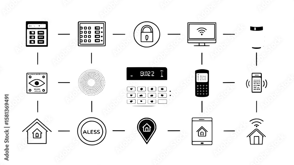 A modern grid of icons representing security system components. Items ...