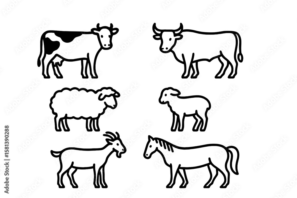 Farm animals line icon set. Vector pictograms of cow, bull, sheep, lamb ...