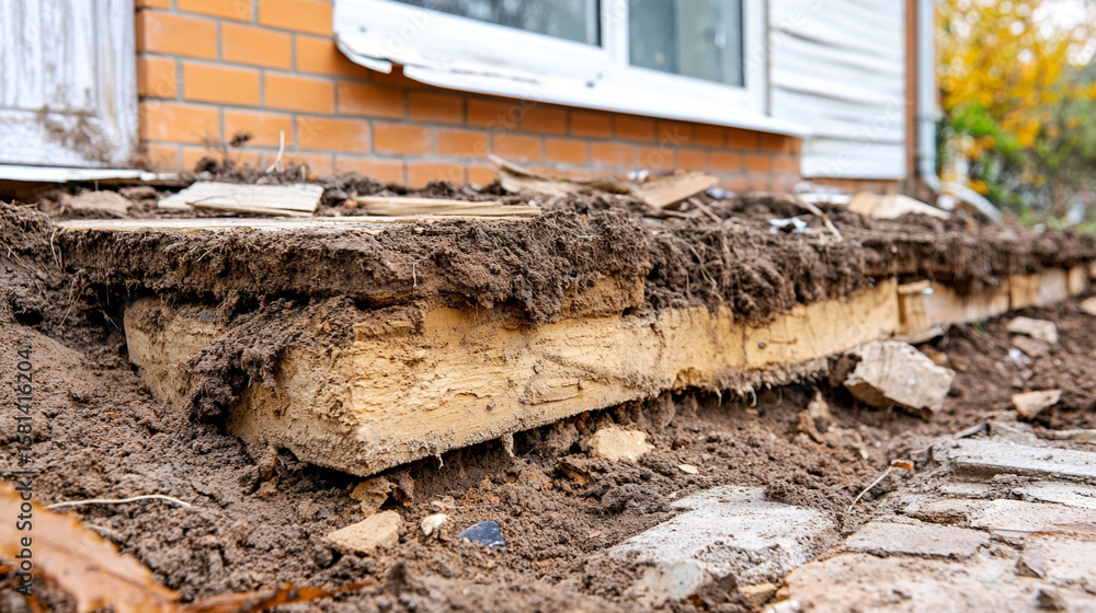 Stock-Foto „Exposed house foundation showing severe soil erosion ...
