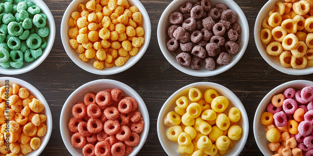 Different types of breakfast cereals lie on the table in top view Stock ...