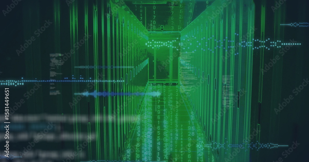 Server racks streaming binary code in data center, with holographic blocks and waveform visuals ...