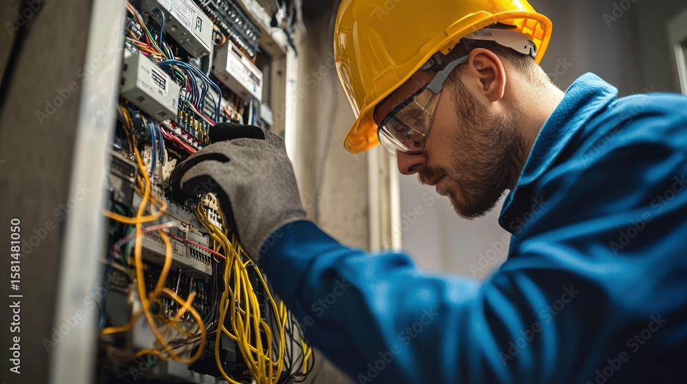 A man in a blue shirt and yellow hard hat working on an electrical ...