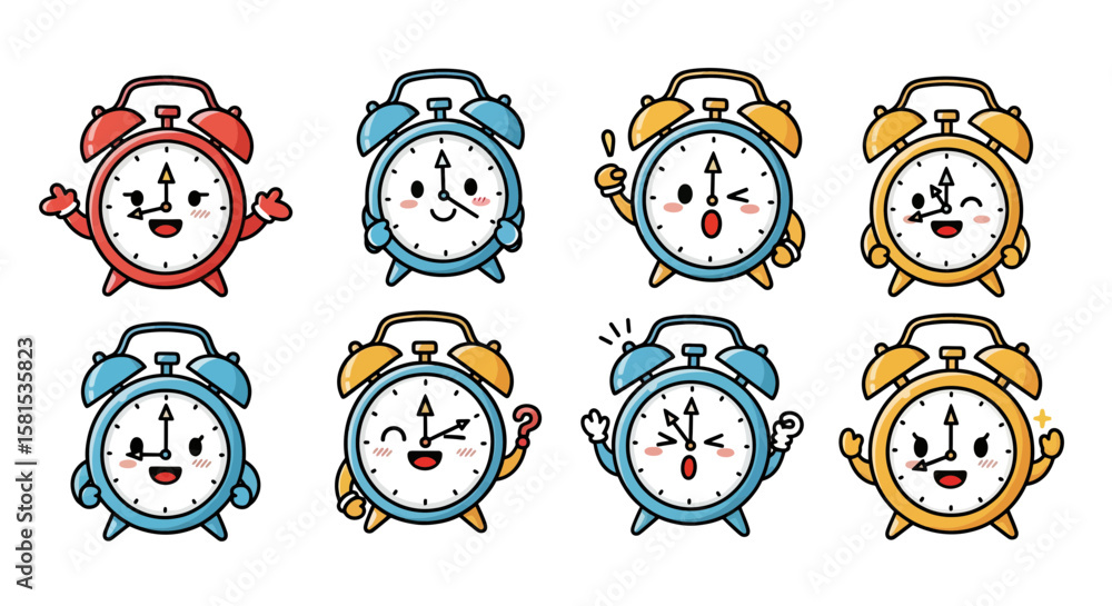 Collection of colorful alarm clocks with expressive faces and various ...