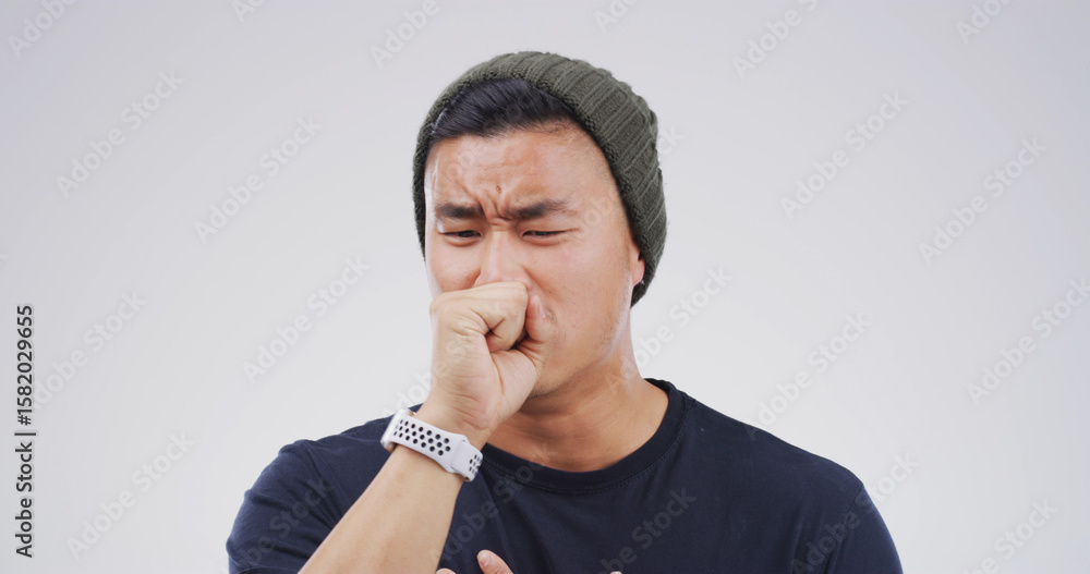 Man, cough and sick student in studio with chest pain, allergies or ...