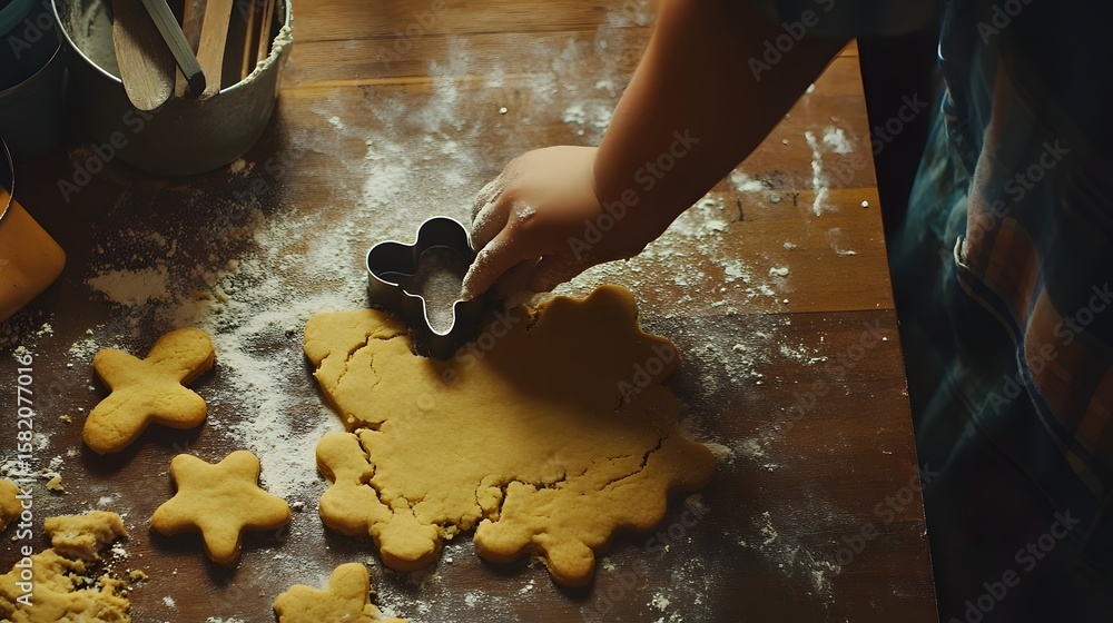 small hands baking cookies, pressing a cookie cutter into dough ...