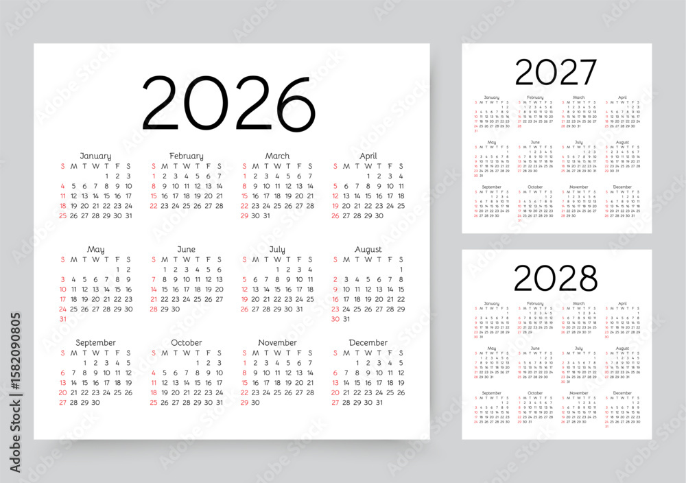 Calendar for 2026, 2027, 2028 years. Calender templates. Desk planner ...