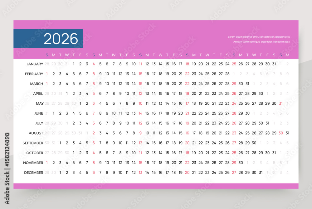 Calendar 2026 year. Linear calender. Horizontal planner template ...