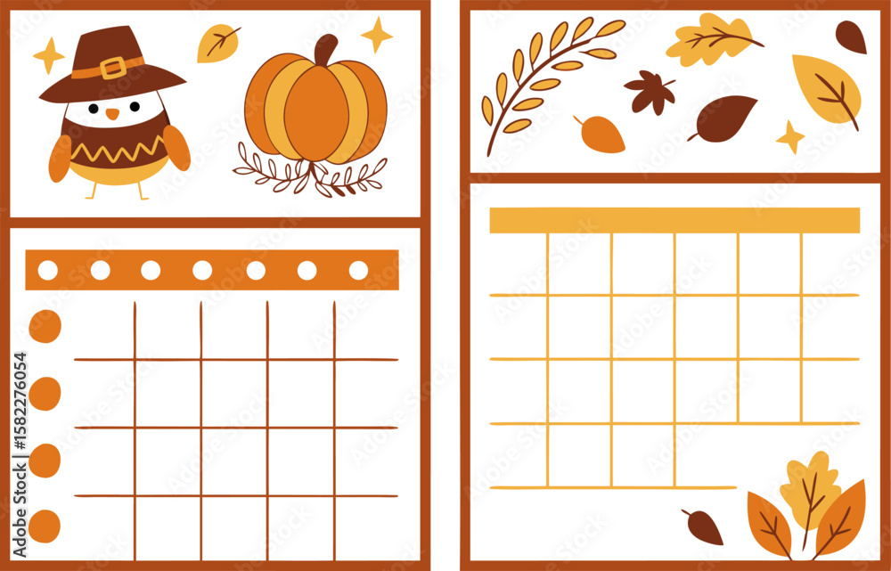 Two thanksgiving themed calendars with fall leaves pumpkin and bird ...