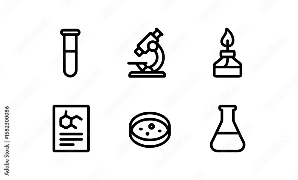 Line art science icons: microscope, test tube, flask, bunsen burner ...
