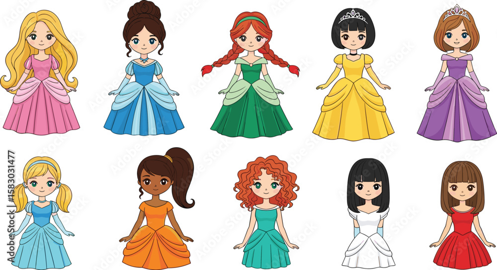 Cartoon princesses wear colorful gowns and jewels. Fairytale fantasy ...