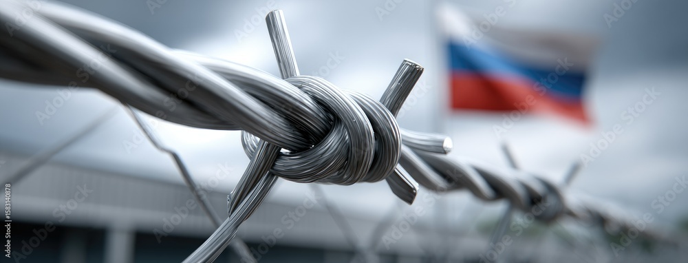 Russian flag waves atop a barbed wire fence in a stark environment ...