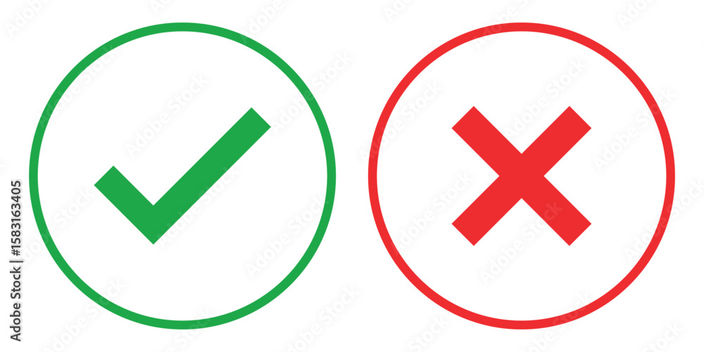 Sharp green checkmark and red cross on isolated white background vector ...