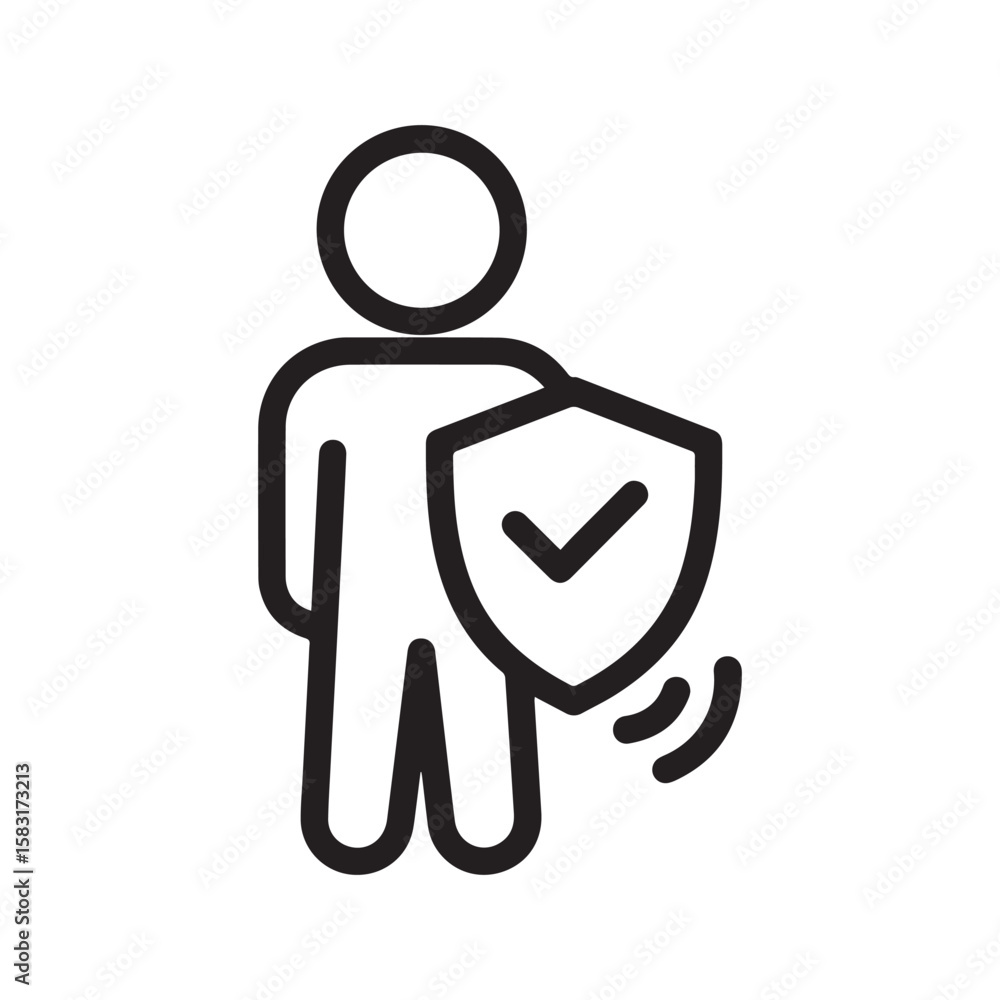 User protection line icon. Person with a security shield and check mark ...