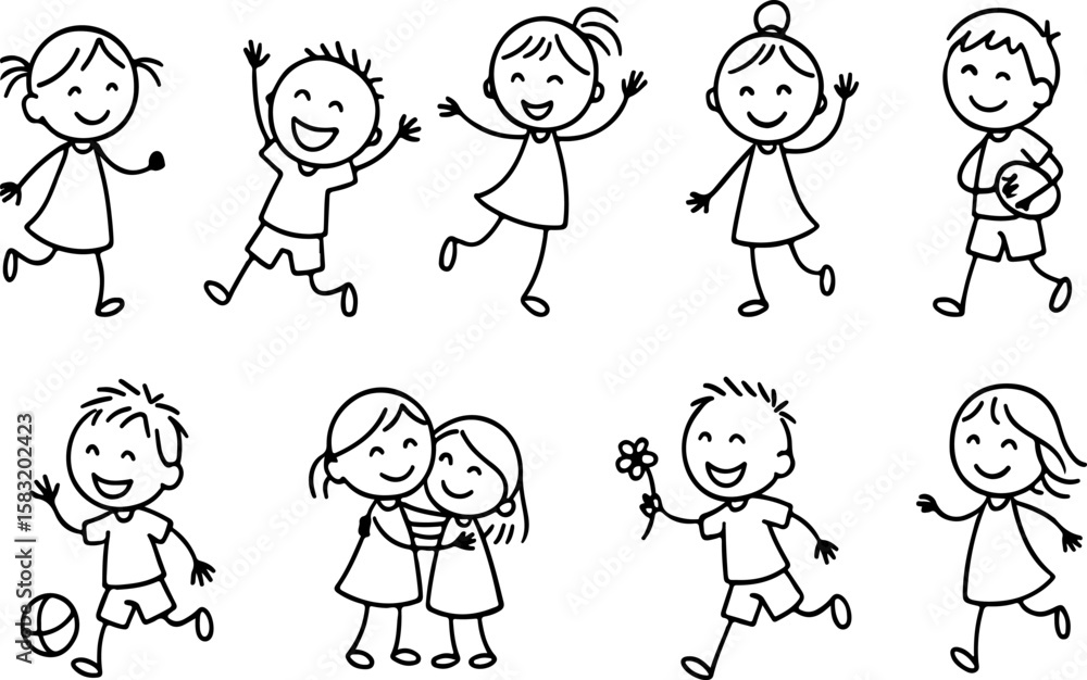 Collection of happy stick figure children playing and interacting with ...
