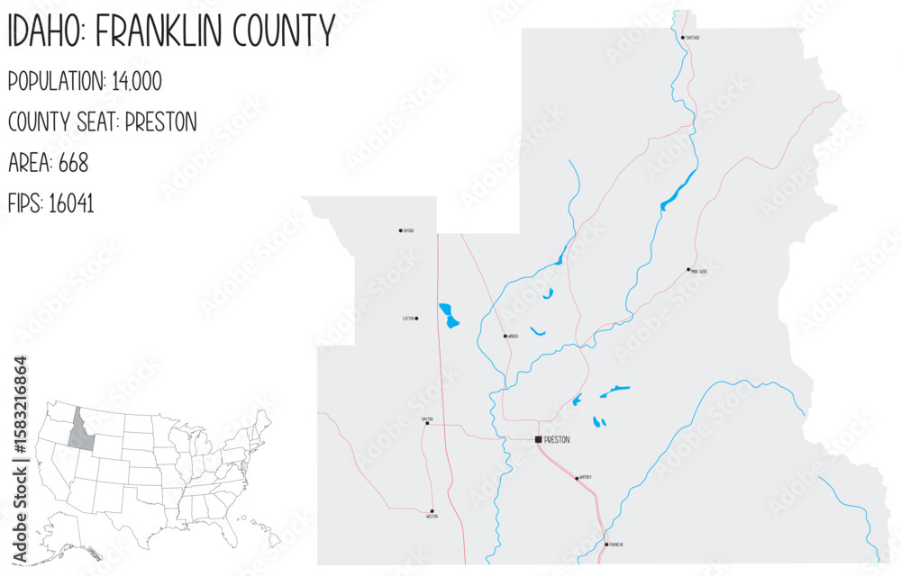 Large and detailed map of Franklin County in Idaho, USA. Stock Vector ...