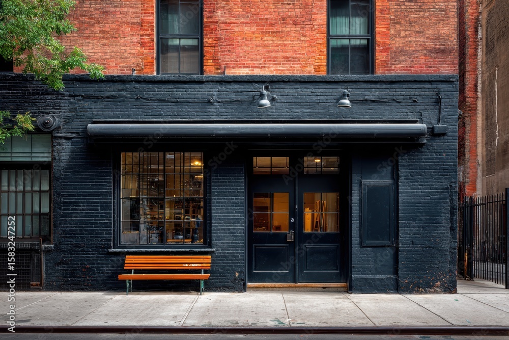 Exterior view of a black brick building with a closed storefront and ...