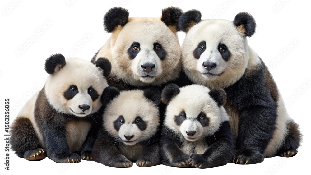 A charming family of five giant pandas including adults and cubs ...