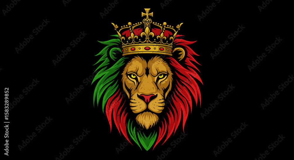 Majestic Lion Head with Crown, Reggae Colors, Black Background Stock ...