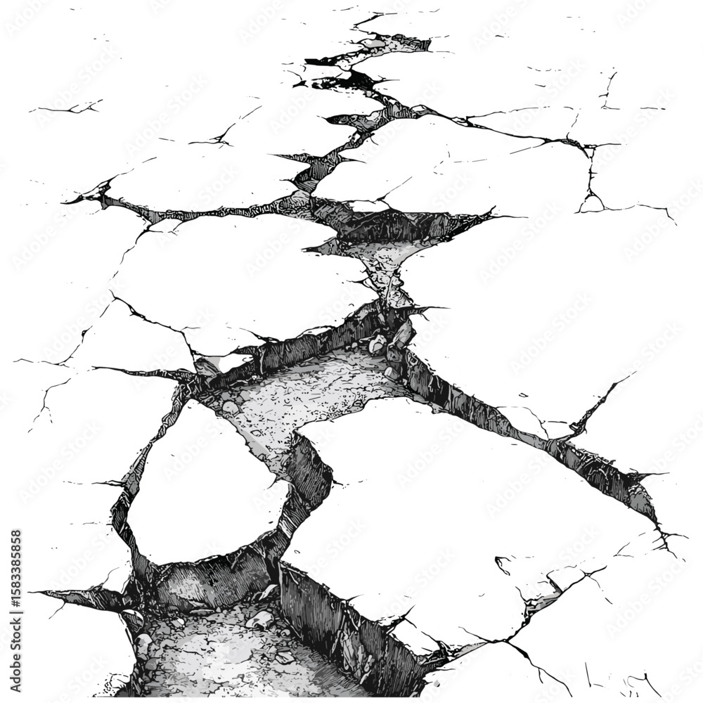 Vintage road detail, hand-drawn urban surface sketch, asphalt crack ...