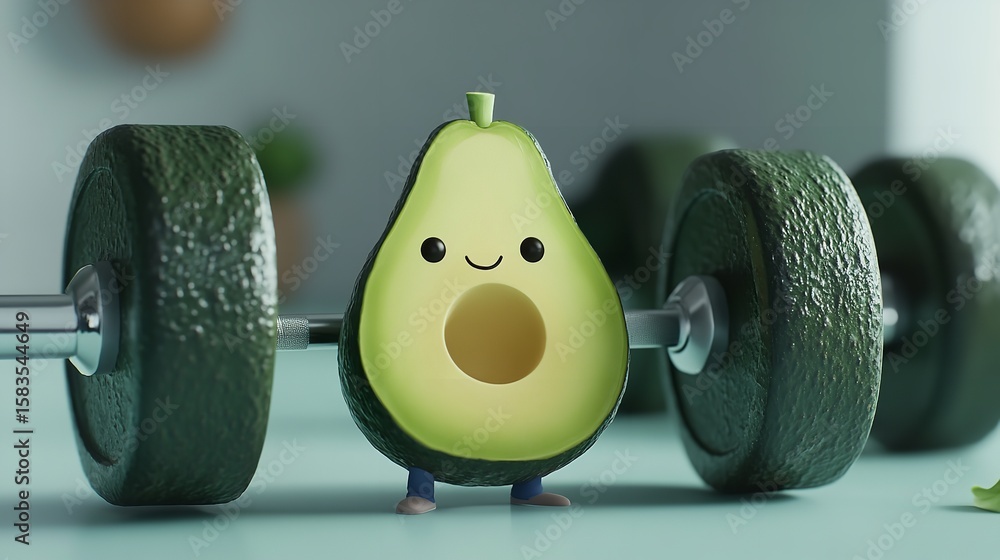 Cartoon avocado lifting weights with a smiling face in a gym setting ...