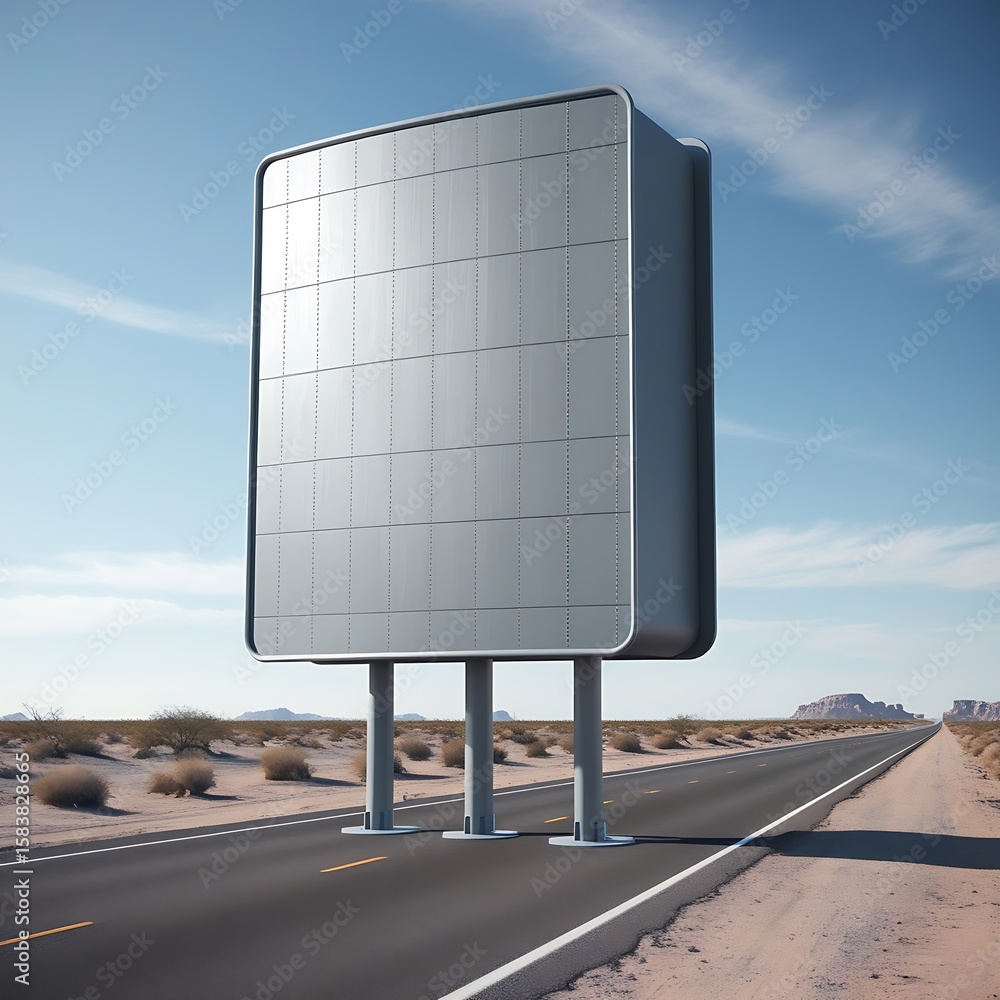 Blank modern billboard structure stands tall on a deserted desert ...