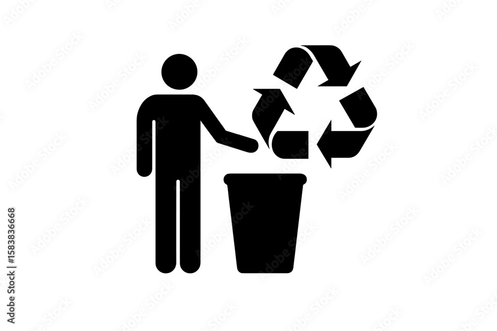 Recycling icon with person throwing trash in a bin. Tidy man symbol for ...