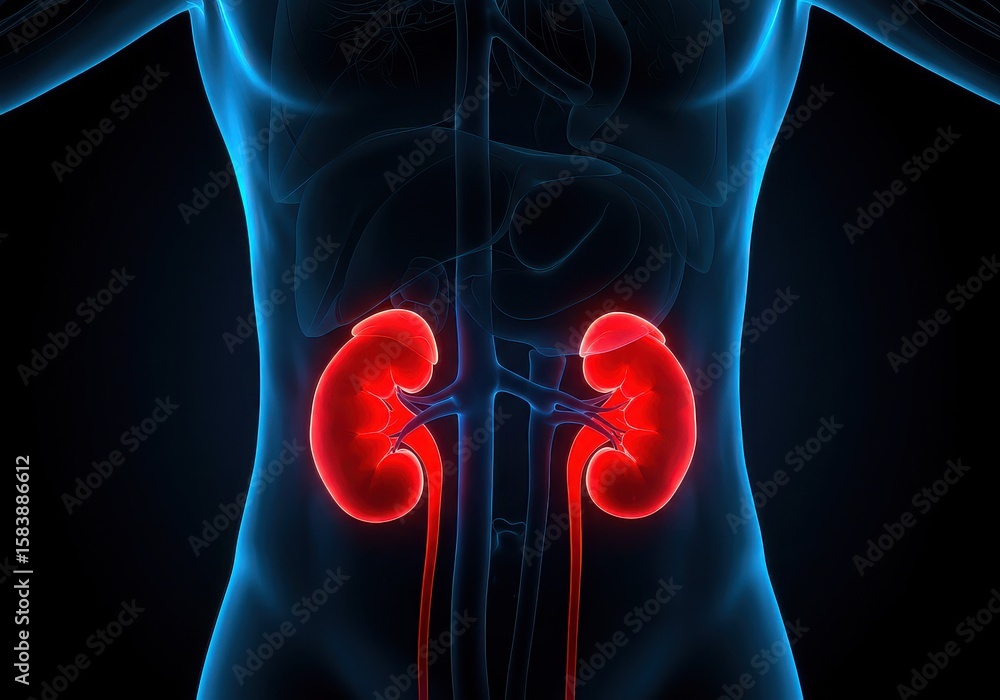 Human body illustration showing the location of the kidneys and the ...